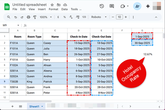 Hotel Occupancy Rate in Google Sheets (Using Booking Date Ranges)