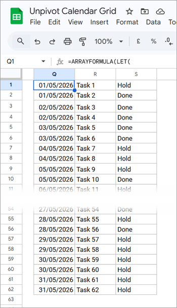 Unpivot a Calendar Grid in Google Sheets (Convert to Row-Wise Format)
